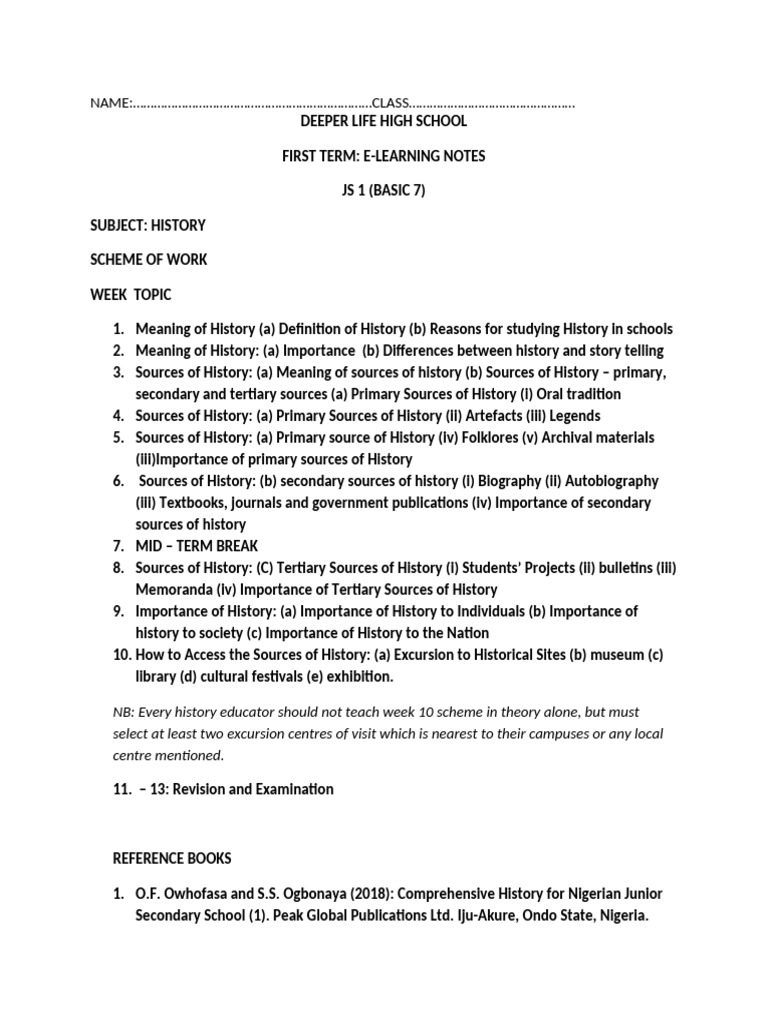 JSS 1 1ST First Term History e - Notes | PDF | Legends | Folklore