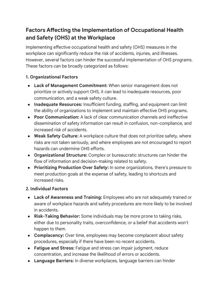 Factors Affecting OHS Implementation & Mitigation Strategies | PDF ...