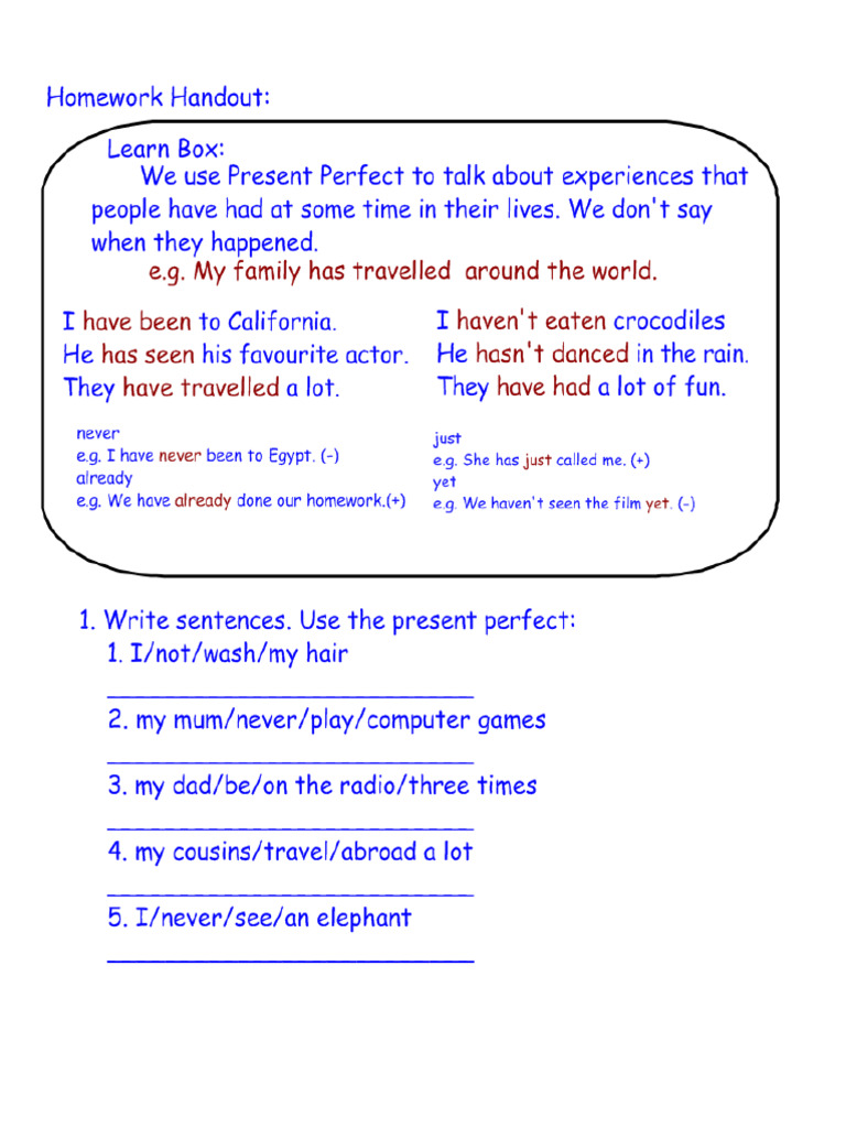Present Perfect 2 HW Handout | PDF