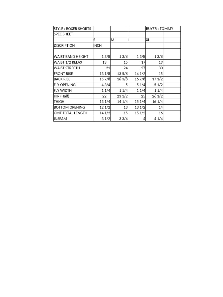 Boxer Shorts Specification Sheet | PDF