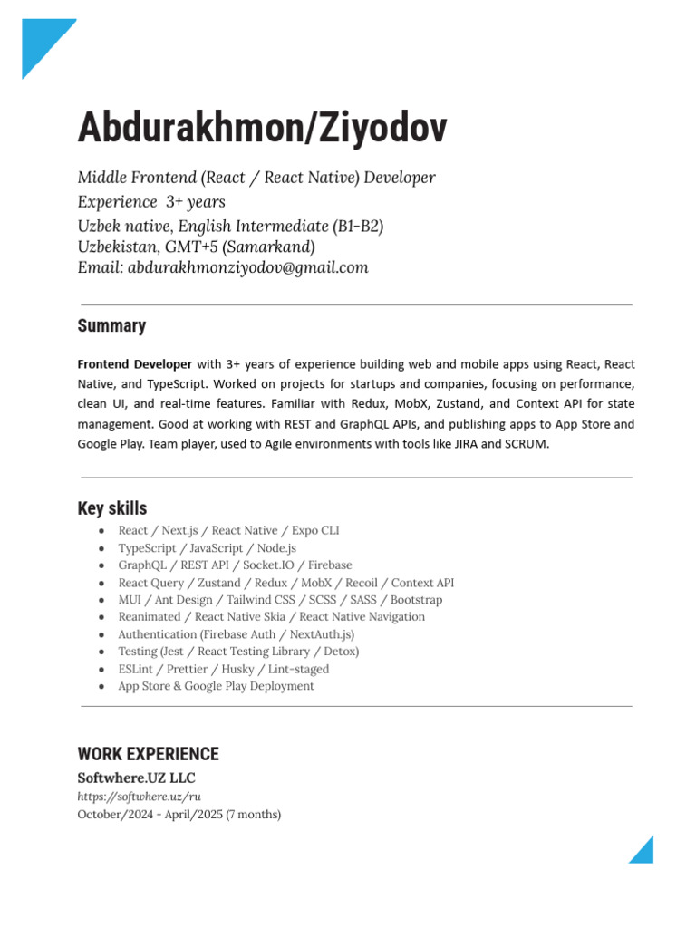 Frontend-Dev Abdurakhmon | PDF | Mobile App | Software Engineering