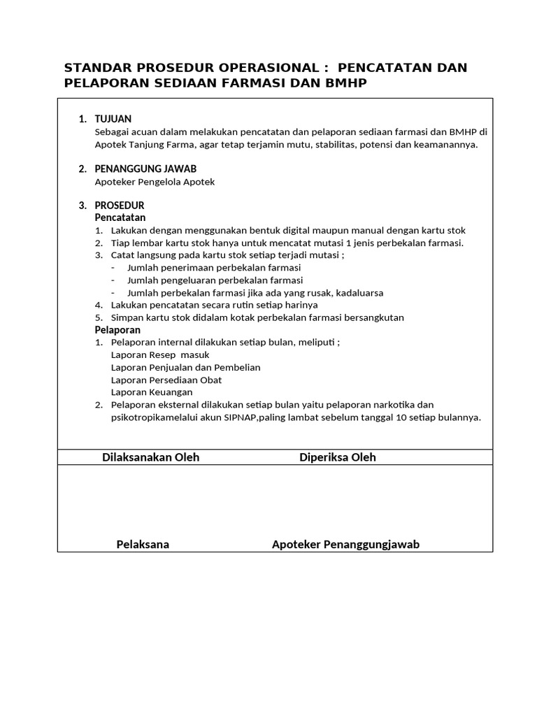Sop Pencatatan Dan Pelaporan Sediaan Farmasi Dan Bmhp | PDF