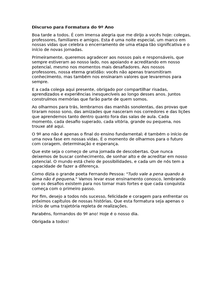 Discurso para Formatura Do 9º Ano | PDF