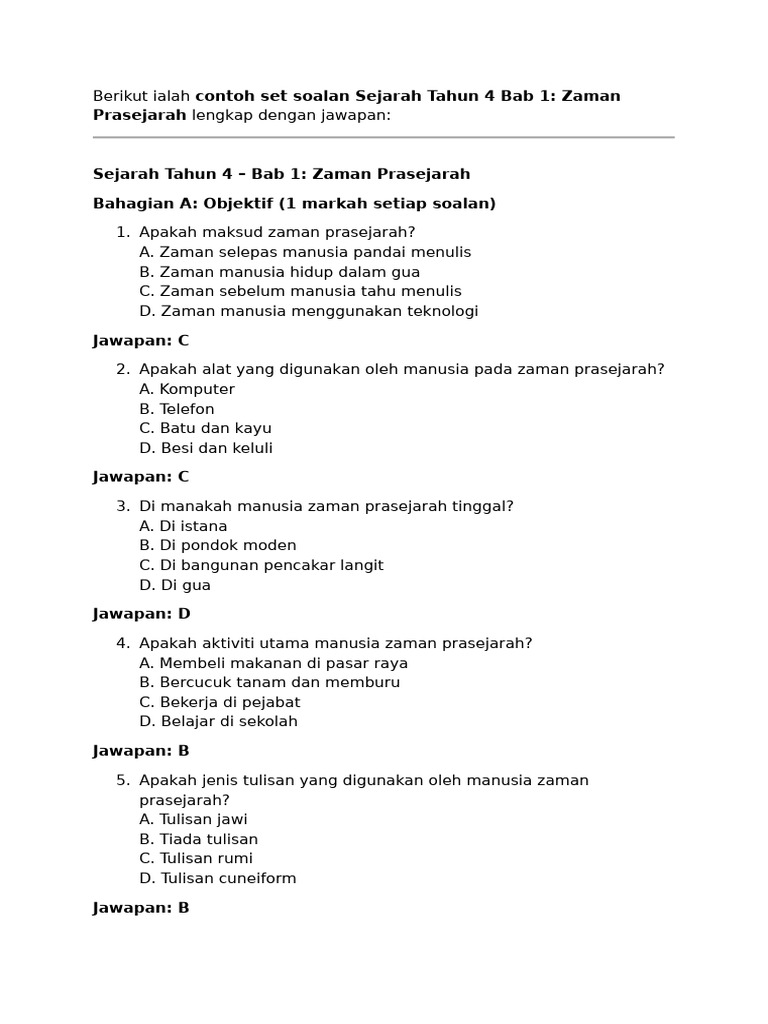 Berikut Ialah Contoh Set Soalan Sejarah Tahun 4 Bab 1 | PDF