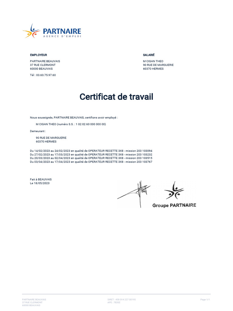 Certificat de travail M. Cigan Théo | PDF