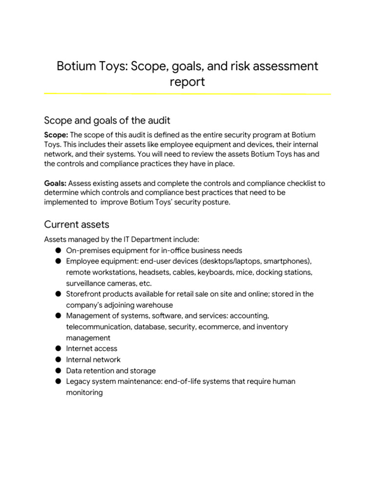 Botium Toys - Scope, Goals, and Risk Assessment Report | PDF | Regulatory Compliance | Password