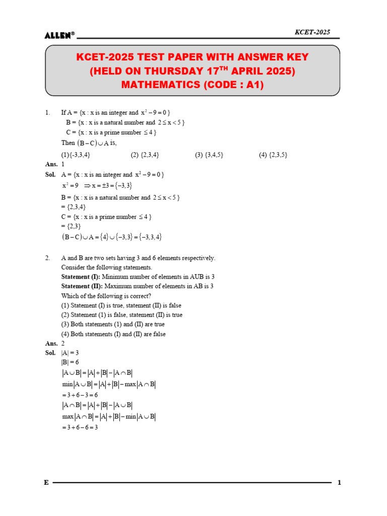 kcet-2025-maths-answer-key-17-04-2025 | PDF | Numbers | Prime Number