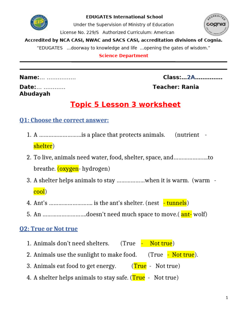 Topic 5 Lesson 3 Worksheet: Q1: Choose The Correct Answer | PDF
