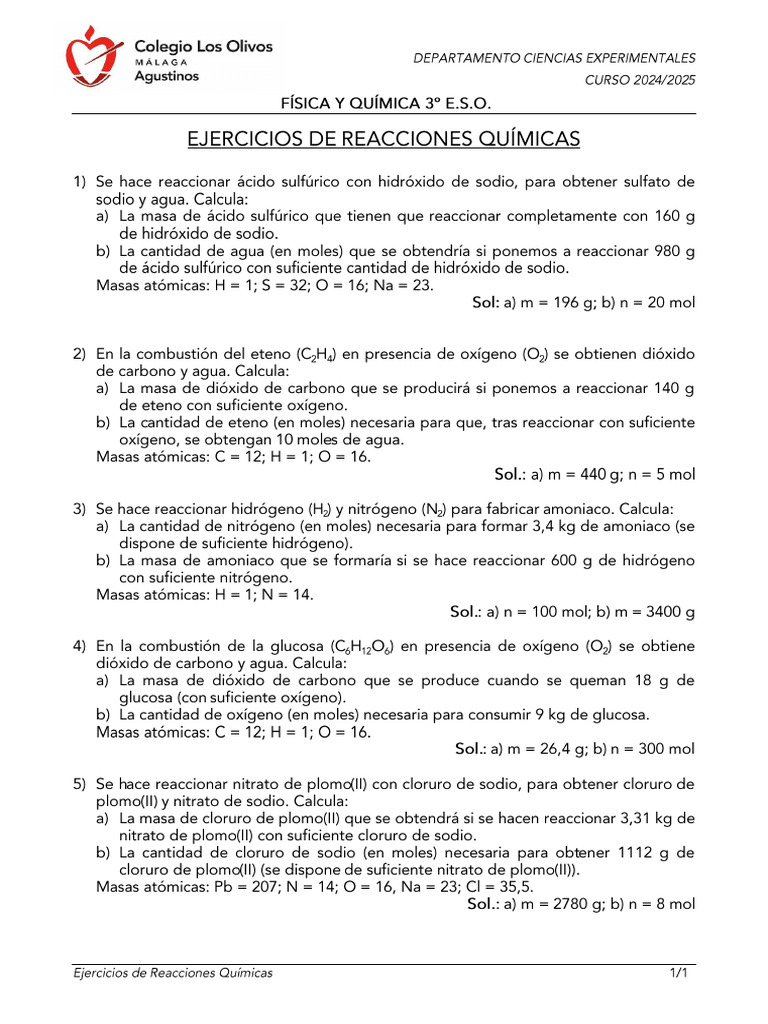 Ejercicios de Reacciones Químicas | PDF