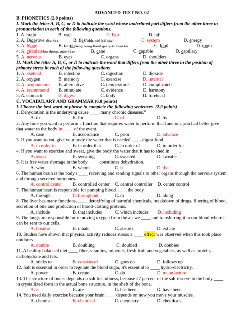 Dap An Advanced Test No2 | PDF | Virus | Infection