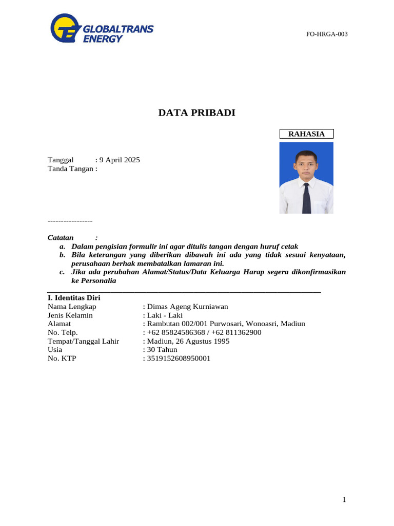 FO-HRGA-003, Form Data Pribadi - Dimas Ageng | PDF