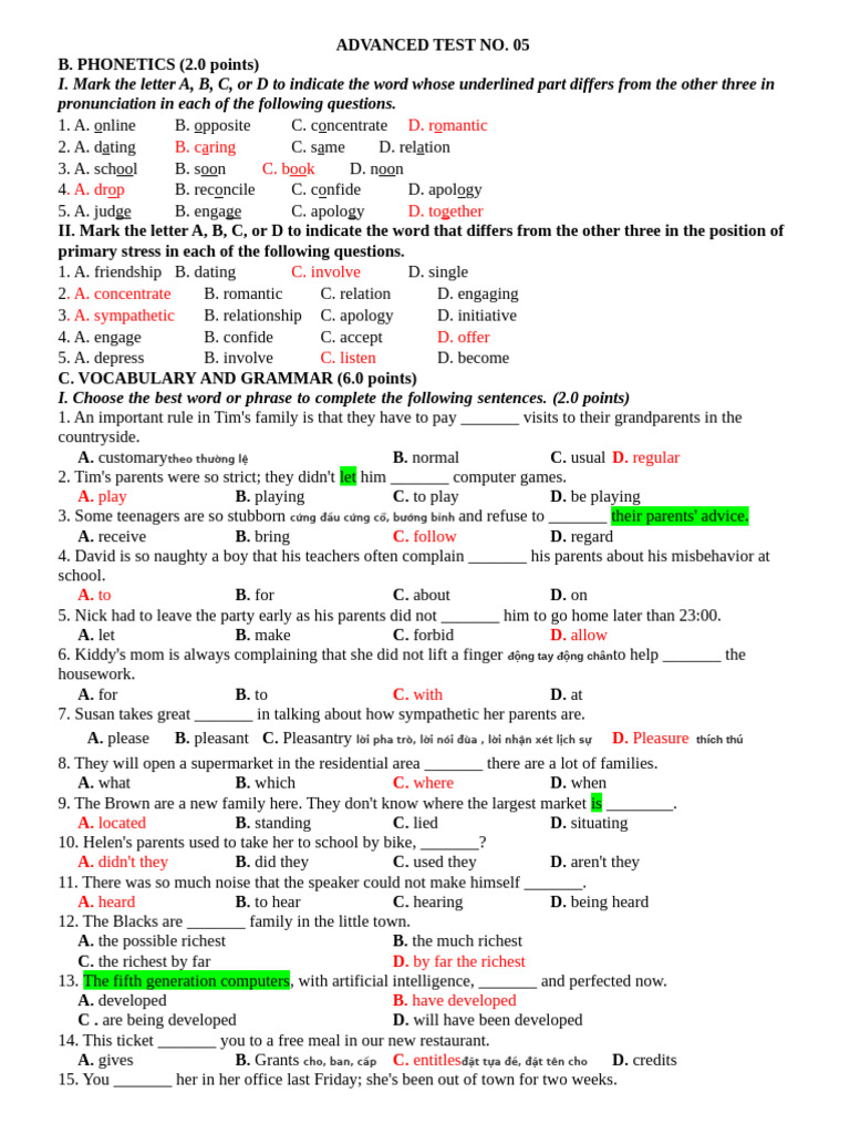 Dap An Advanced Test No5 | PDF