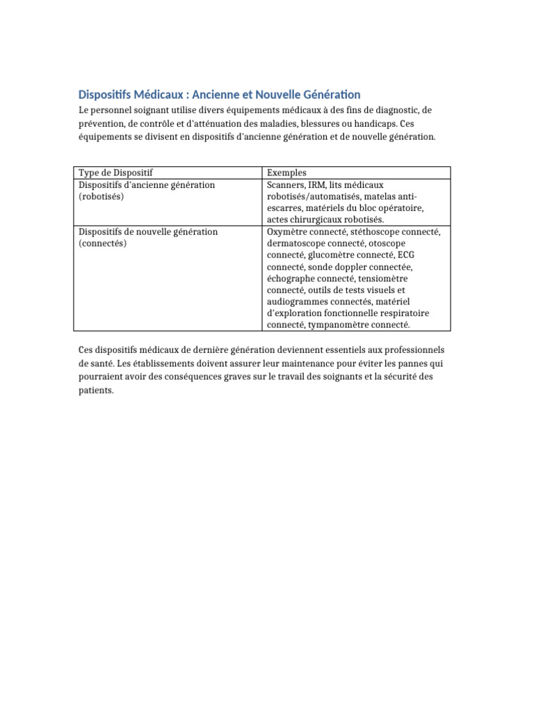 Dispositifs Médicaux : Évolution Générationnelle | PDF