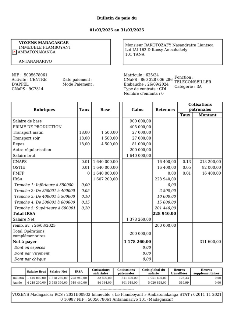 Bulletin de Paie Madagascar - Mars 2025 | PDF | Salaires | Économie
