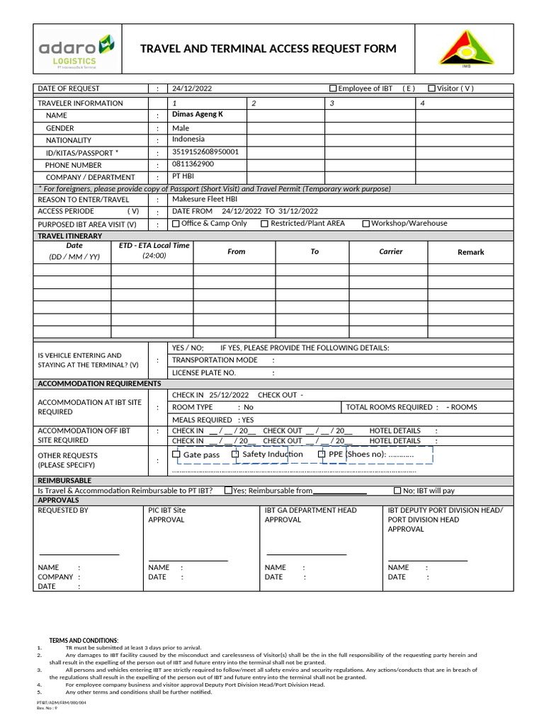 ADM-000.004-R9-Form Travel and Terminal Access Request Form Dimas | PDF