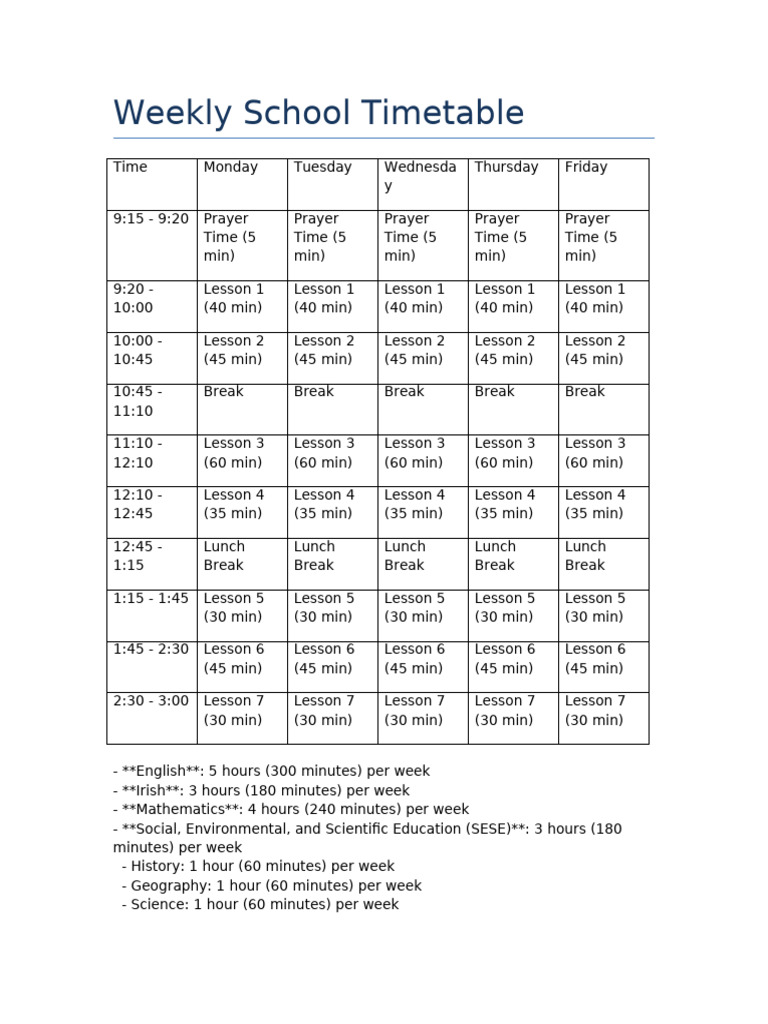 Weekly Secondary School Timetable | PDF