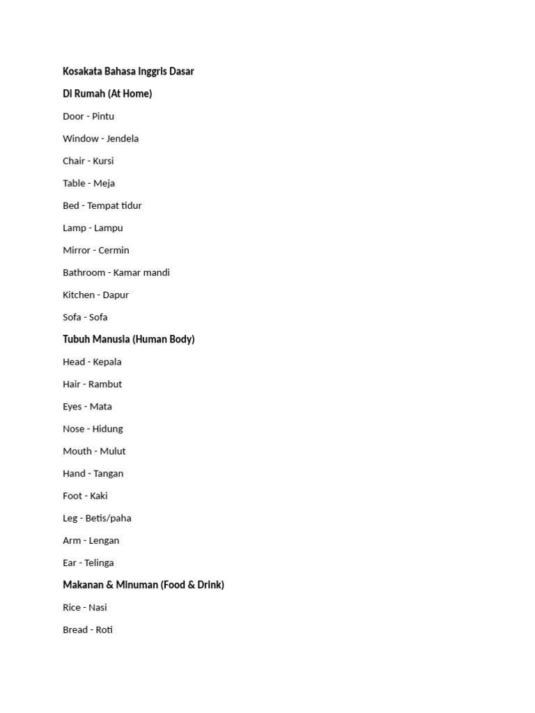Kosakata Bahasa Inggris Dasar | PDF