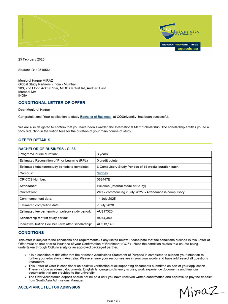 Letter of Offer-Monjurul Haque Miraz | PDF | Travel Visa | Credit Card