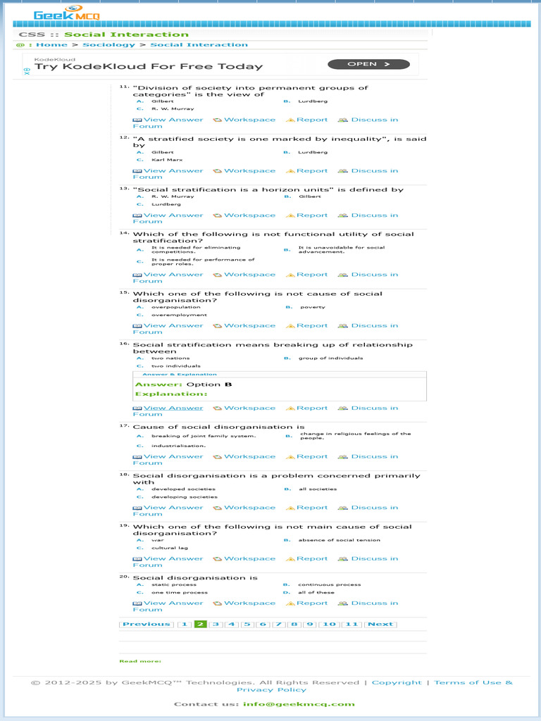 Sociology Multiple Choice Questions and Answers - Social Interaction ...