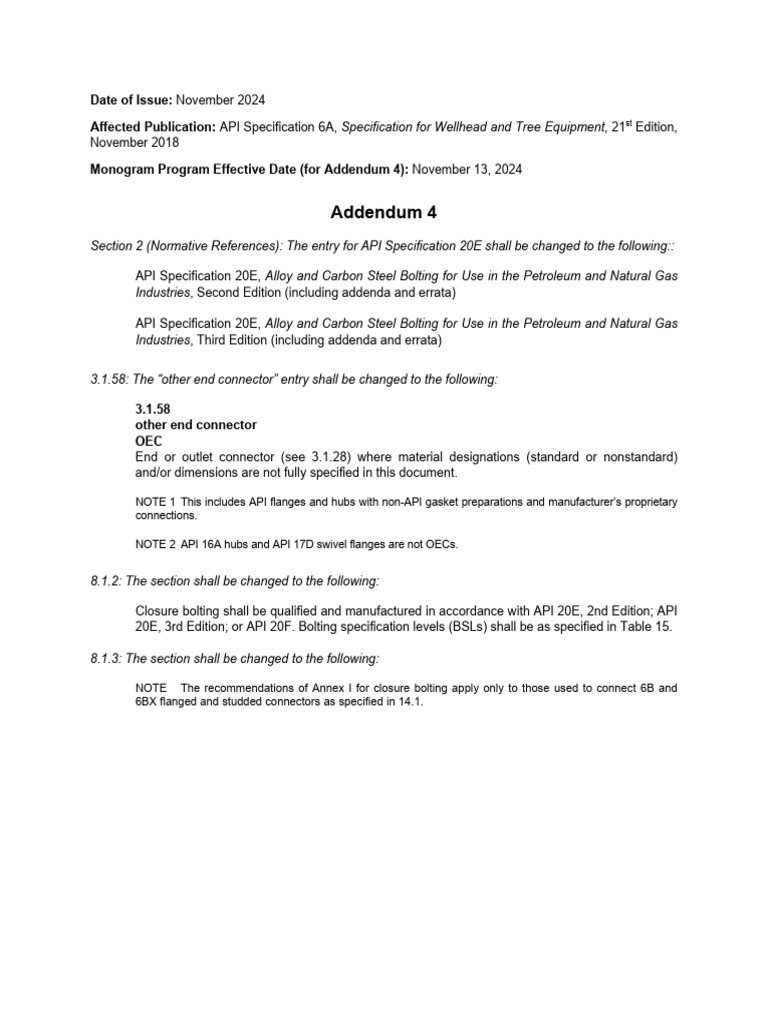 API Specification 6A 21st Edition Addendum 4 20241119 | PDF | Addendum