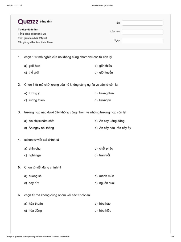 Worksheet - Quizizz | PDF