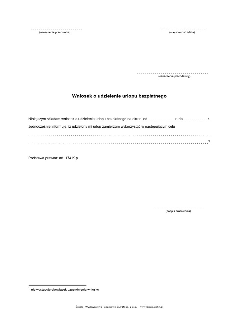 Wniosek o Udzielenie Urlopu Bezplatnego | PDF