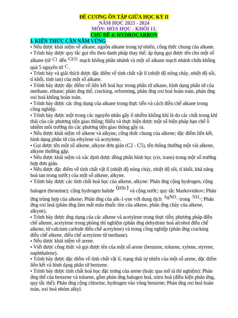 De Cuong On Tap Giua HK2 Hoa 11 CTST | PDF