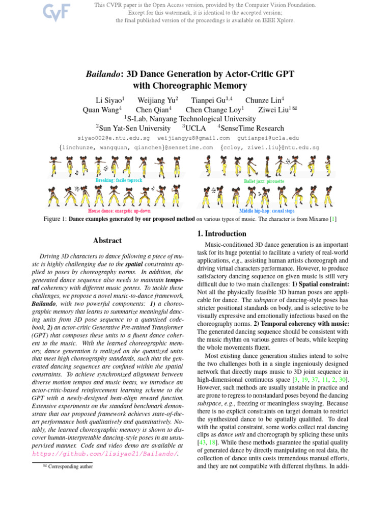 Siyao Bailando 3D Dance Generation by Actor-Critic GPT With Choreographic Memory CVPR 2022 Paper ...