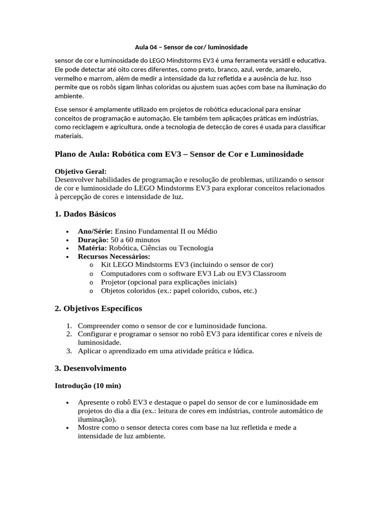 Plano de Aula Sensor de Cor e Luz | PDF | Cor | Robótica