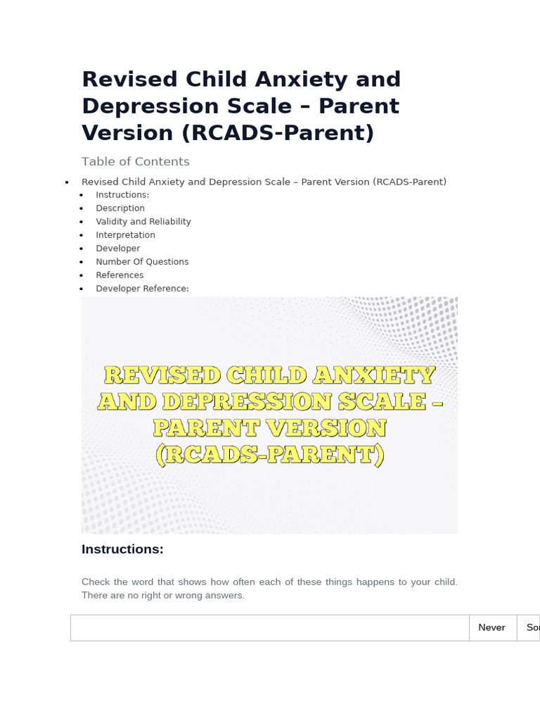 Depression Scale - Parent Version (RCADS-Parent) | PDF | Anxiety | Anxiety Disorder