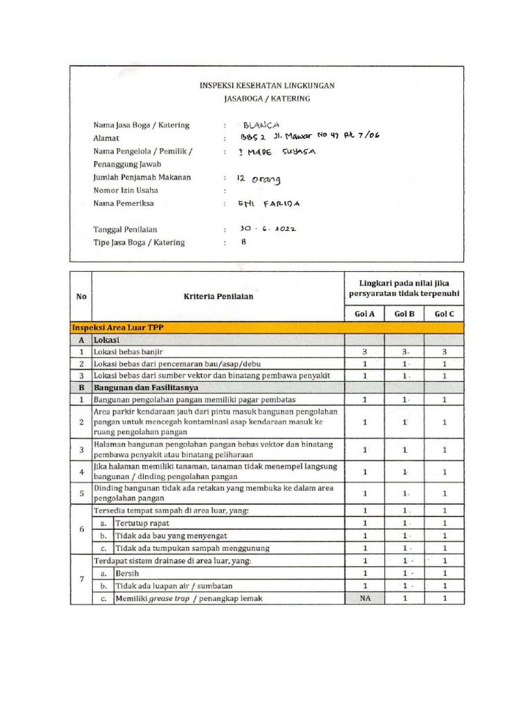 Formulir Inspeksi Kesehatan Lingkungan | PDF