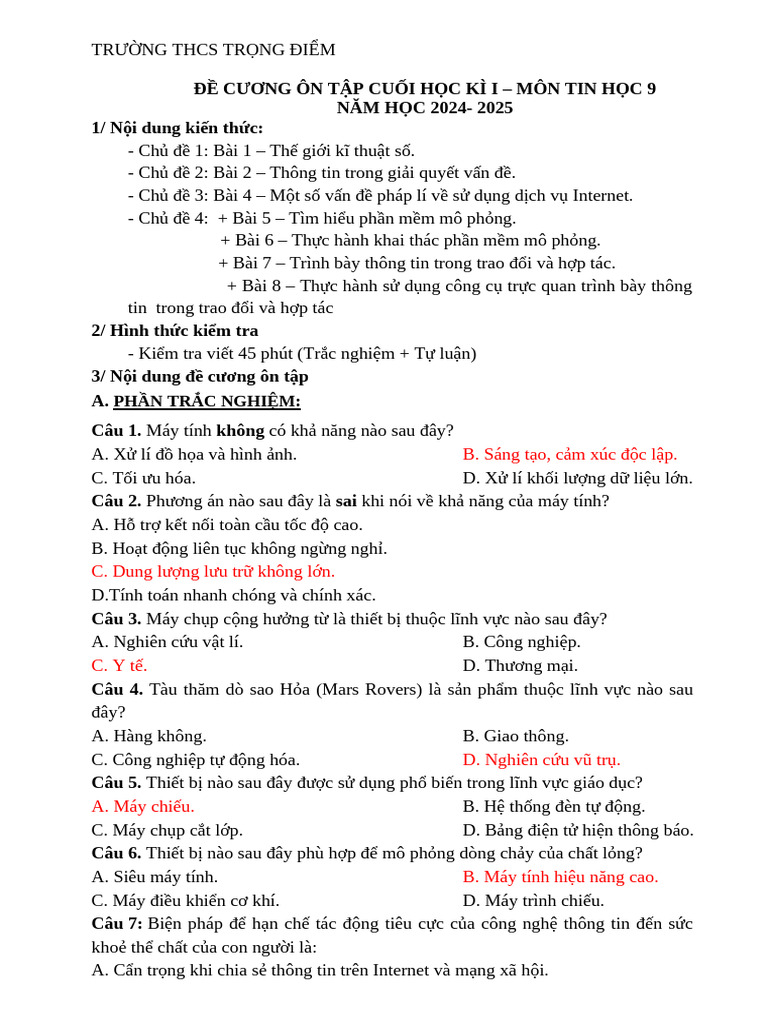 ĐÁP ÁN TIN CKI - LỚP 9 | PDF