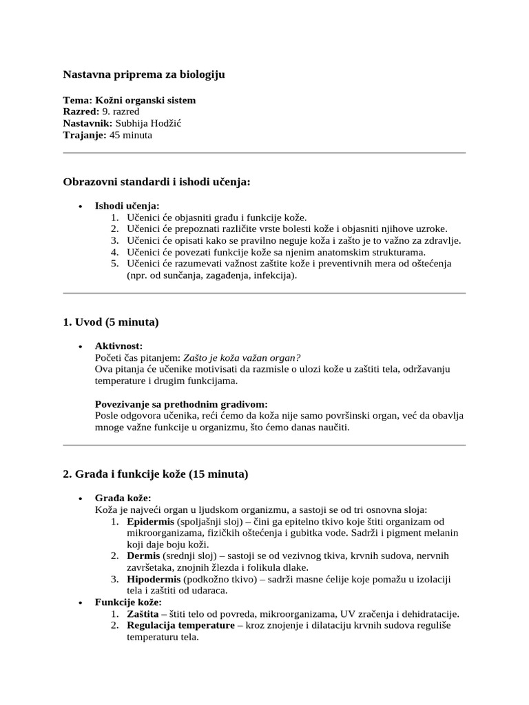 Nastavna Priprema Za Biologiju Koža | PDF