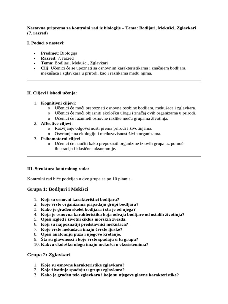 Nastavna priprema za kontrolni rad iz biologije | PDF