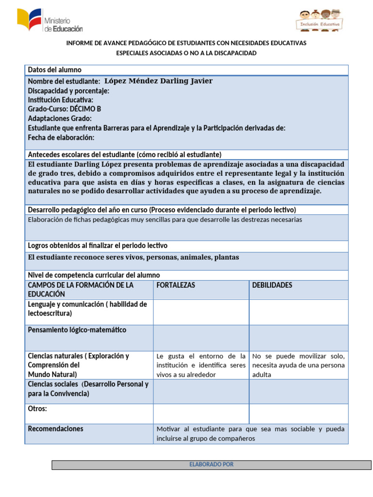 INFORME DE AVANCE PEDAGOGICO NEE - CCNN - Darling Lopez | PDF | Maestros | Aprendizaje