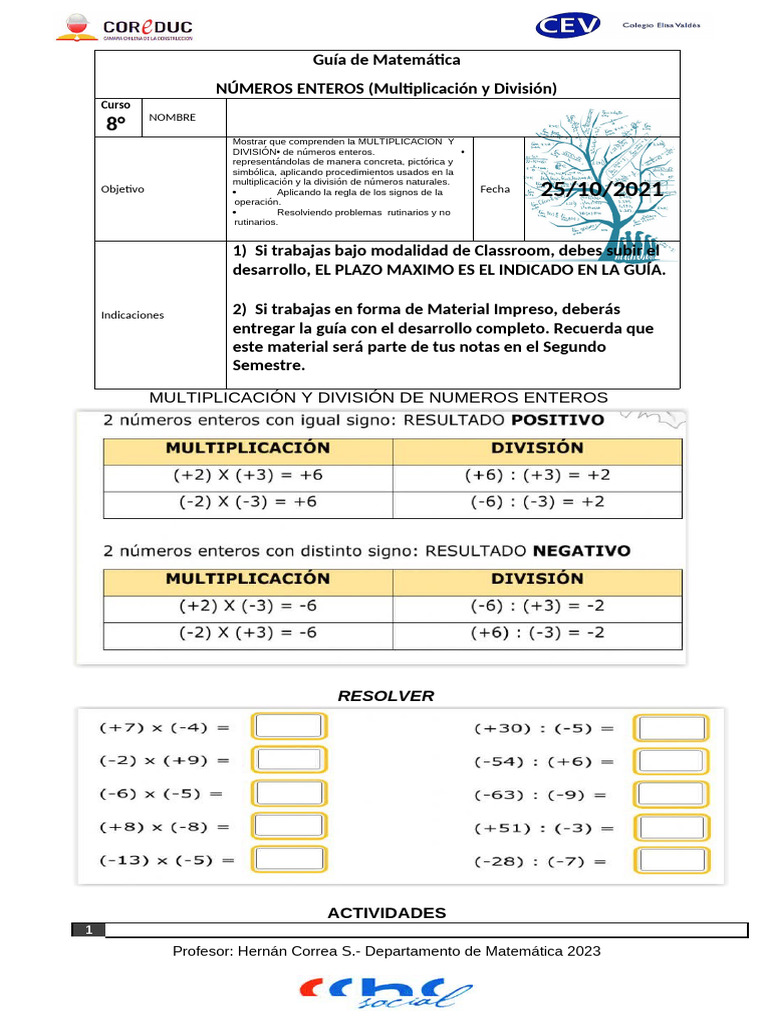 GUÍA - 1 - Numeros Enteros - 8° - 2023 | PDF | Multiplicación | Entero