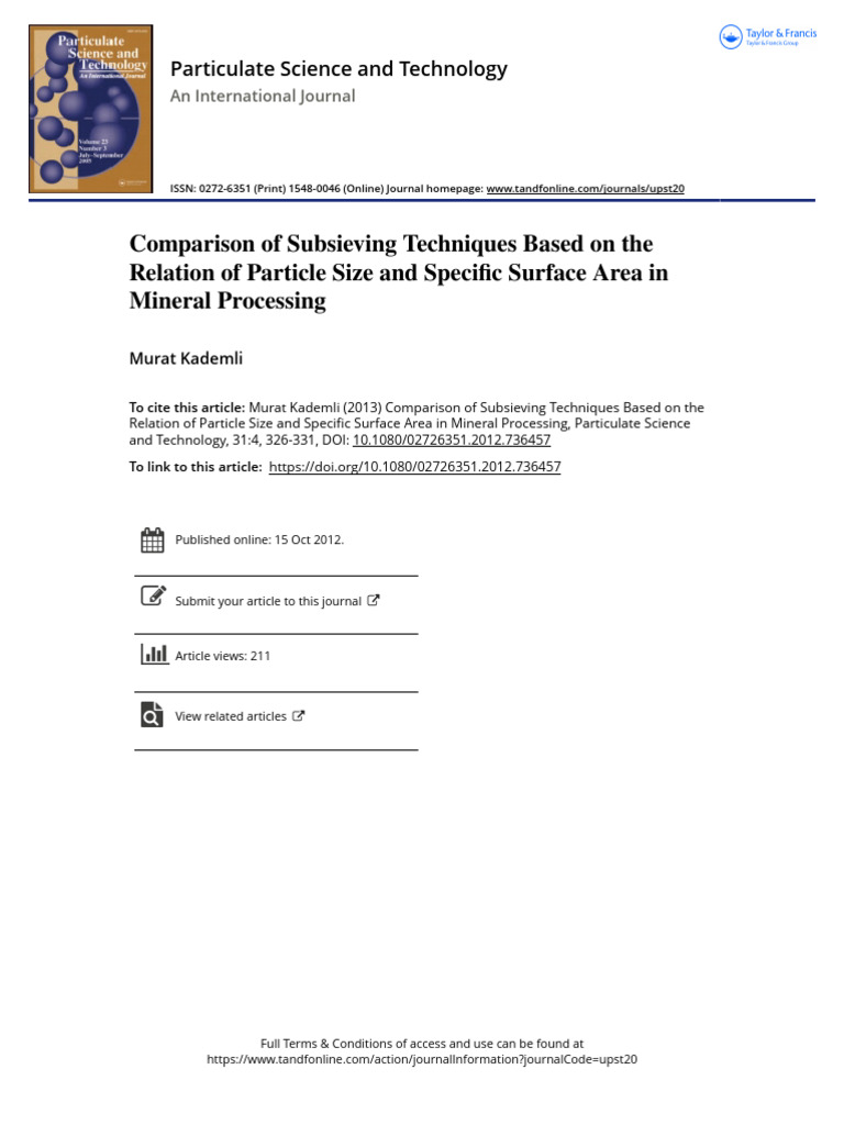 Comparison of Subsieving Techniques Based on the Relation of Particle Size and Specific Surface ...