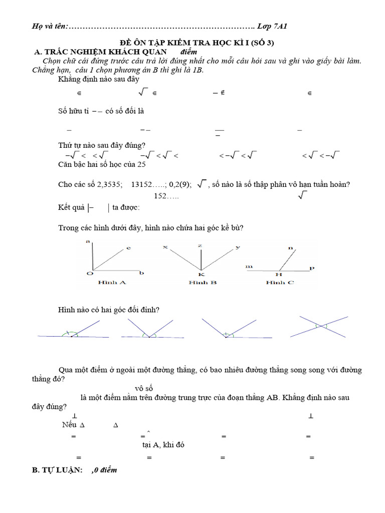 ĐỀ 3 - HKI- LỚP 7A1 | PDF