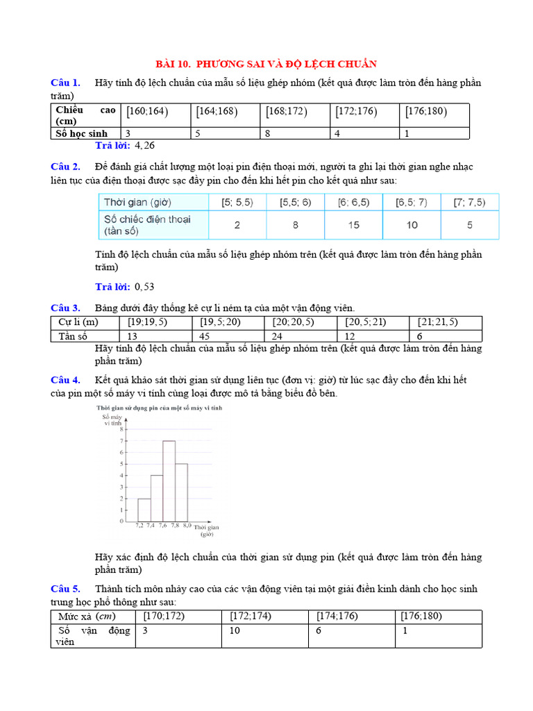 11 bài TLN - Chương 3 - Bài 10 - Phương sai và độ lệch chuẩn - Đề bài - Toán 12 - KNTT | PDF