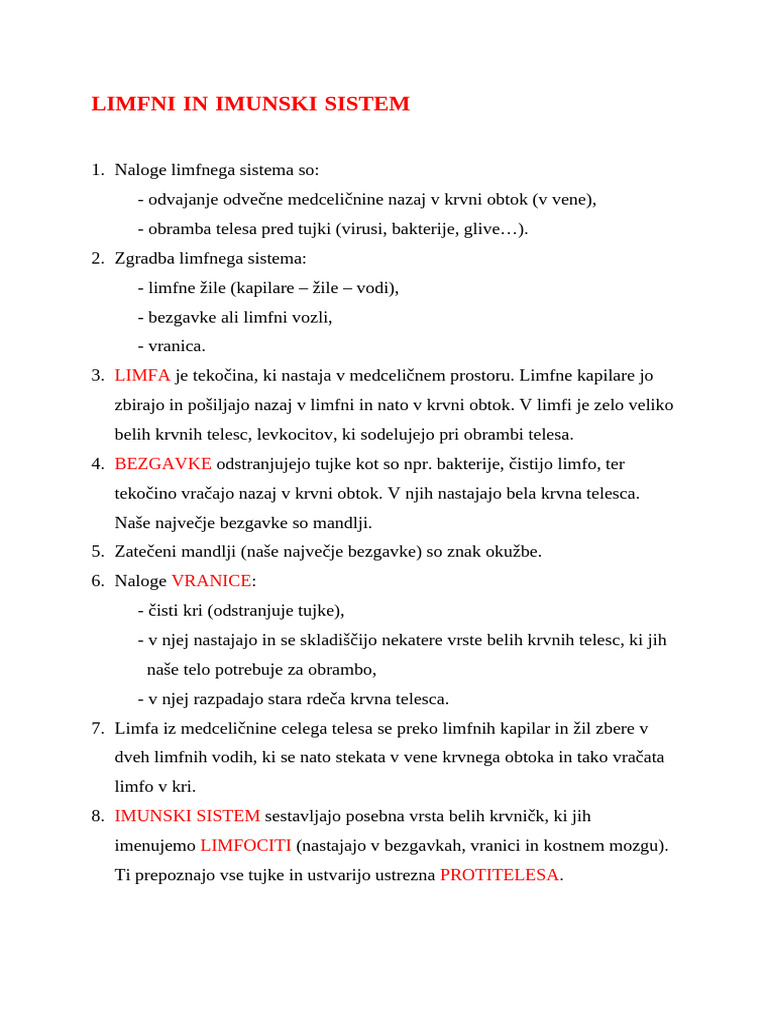 Limfni in Imunski Sistem - Zapis v Zvezek | PDF