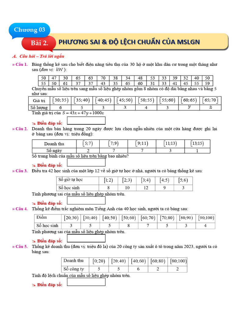 11 bài TLN - C3-B2-PHƯƠNG SAI và ĐỘ LỆCH CHUẨN CỦA MSLGN-P3-HS | PDF