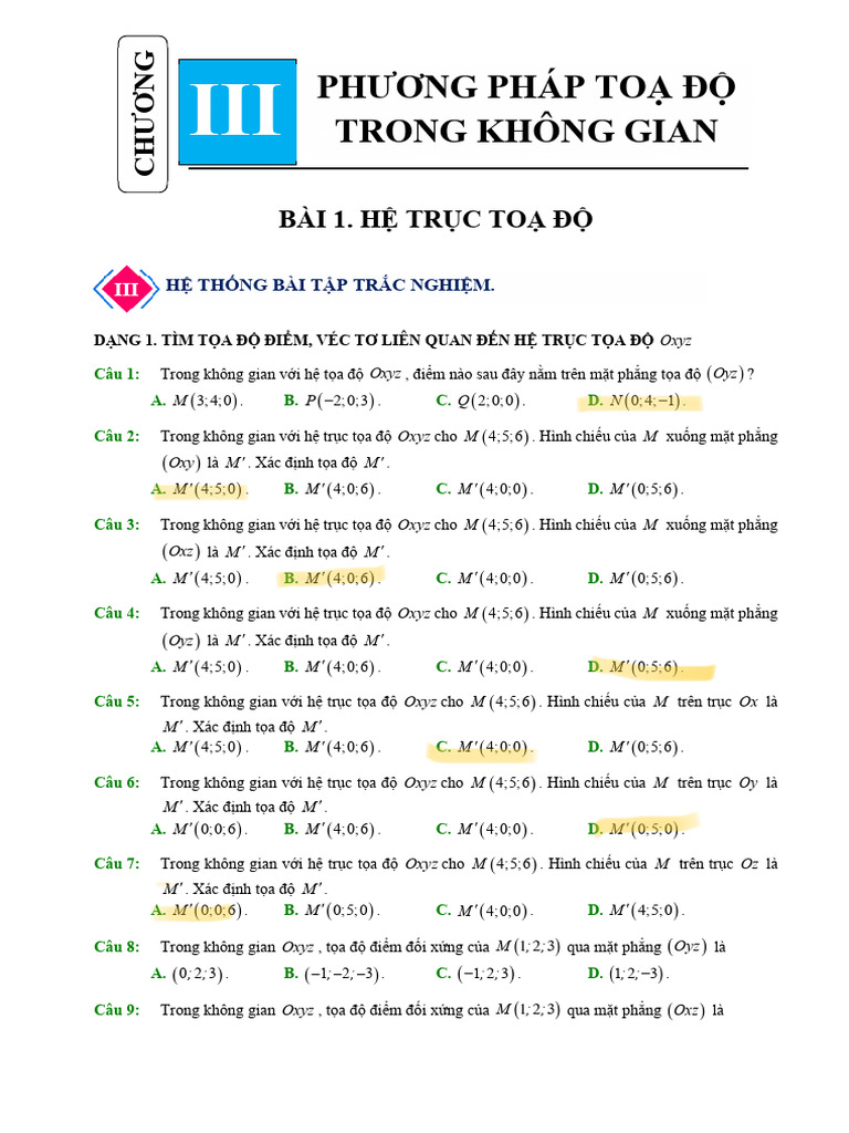 HH12 - Chuong Iii - PPTĐ - He Truc Toa Do - Trac Nghiem Theo Dang | PDF