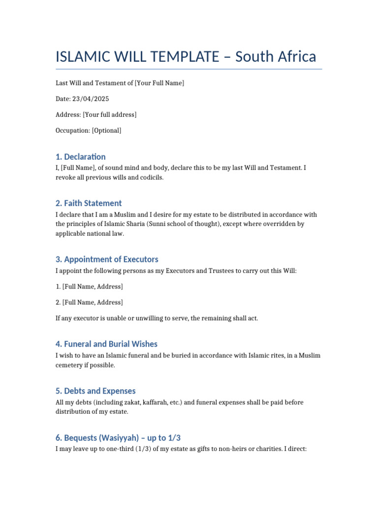 Islamic Will SouthAfrica Template | PDF
