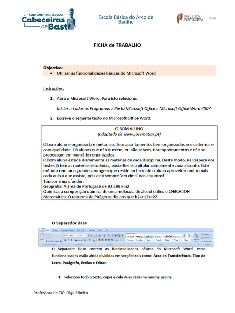Ficha Trabalho Word O Bom Aluno | PDF