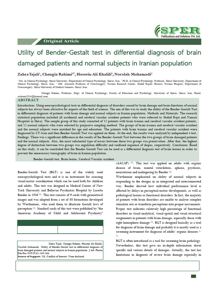Utility of Bender Gestalt Test in Differential Diagnosis of Brain ...