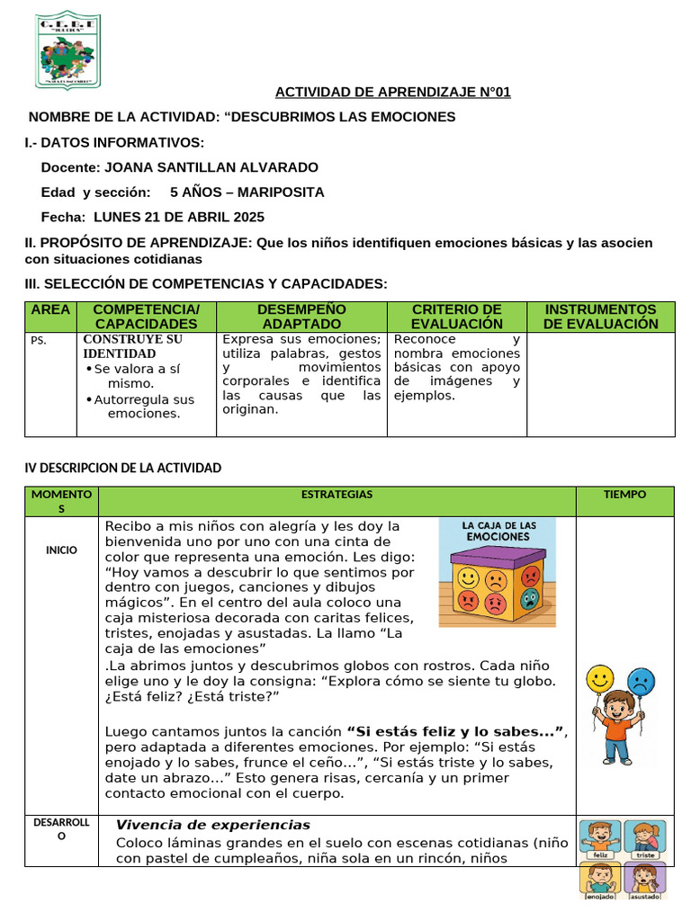 ACTIVIDAD DE APRENDIZAJE - 21 al 25 - abril 2025 | PDF | Las emociones | Aprendizaje
