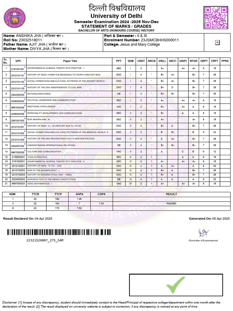 University of Delhi: Semester Examination 2024 - 2025 Nov-Dec Statement ...