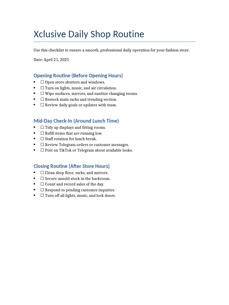 Xclusive Daily Shop Routine | PDF