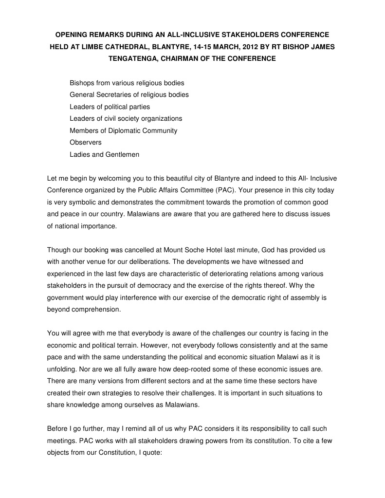 Opening Remarks Bishop Tengatenga | PDF | Malawi | Democracy