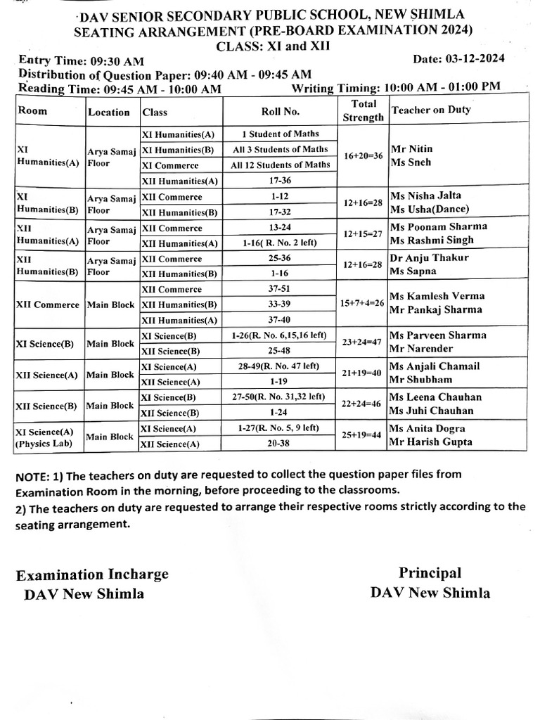 SEATING PLAN (03-12-2024) XI and XII | PDF
